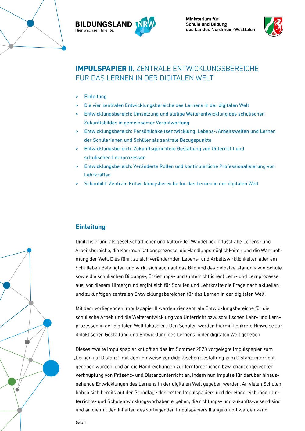 Impulspapier II: Zentrale Entwicklungsbereiche des Lernens in der digitalen Welt | Lehren und Lernen
